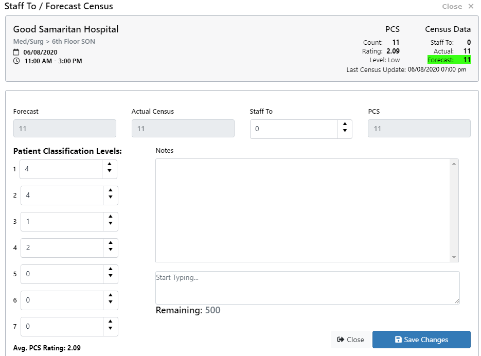 Staffing Dashboard - Edit PCS Census Data