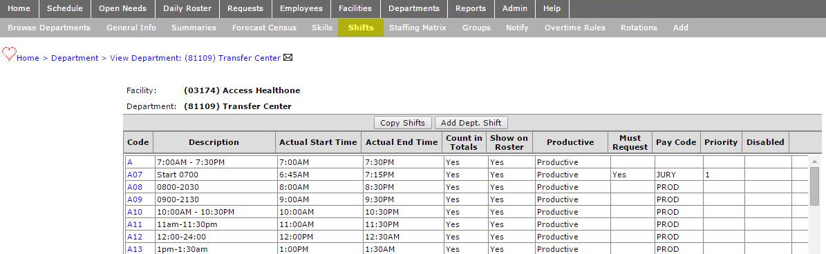 Departments: Pay Codes with Shift Codes